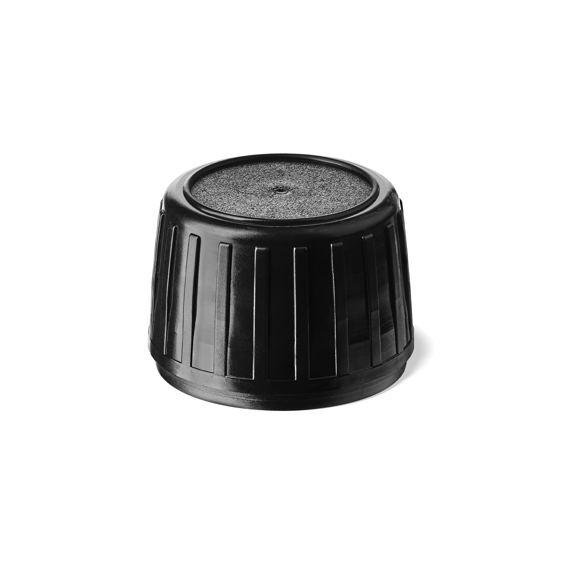 Screw cap tamper evident PP28, III, PEHD, black, ribbed, pourer PELD ...